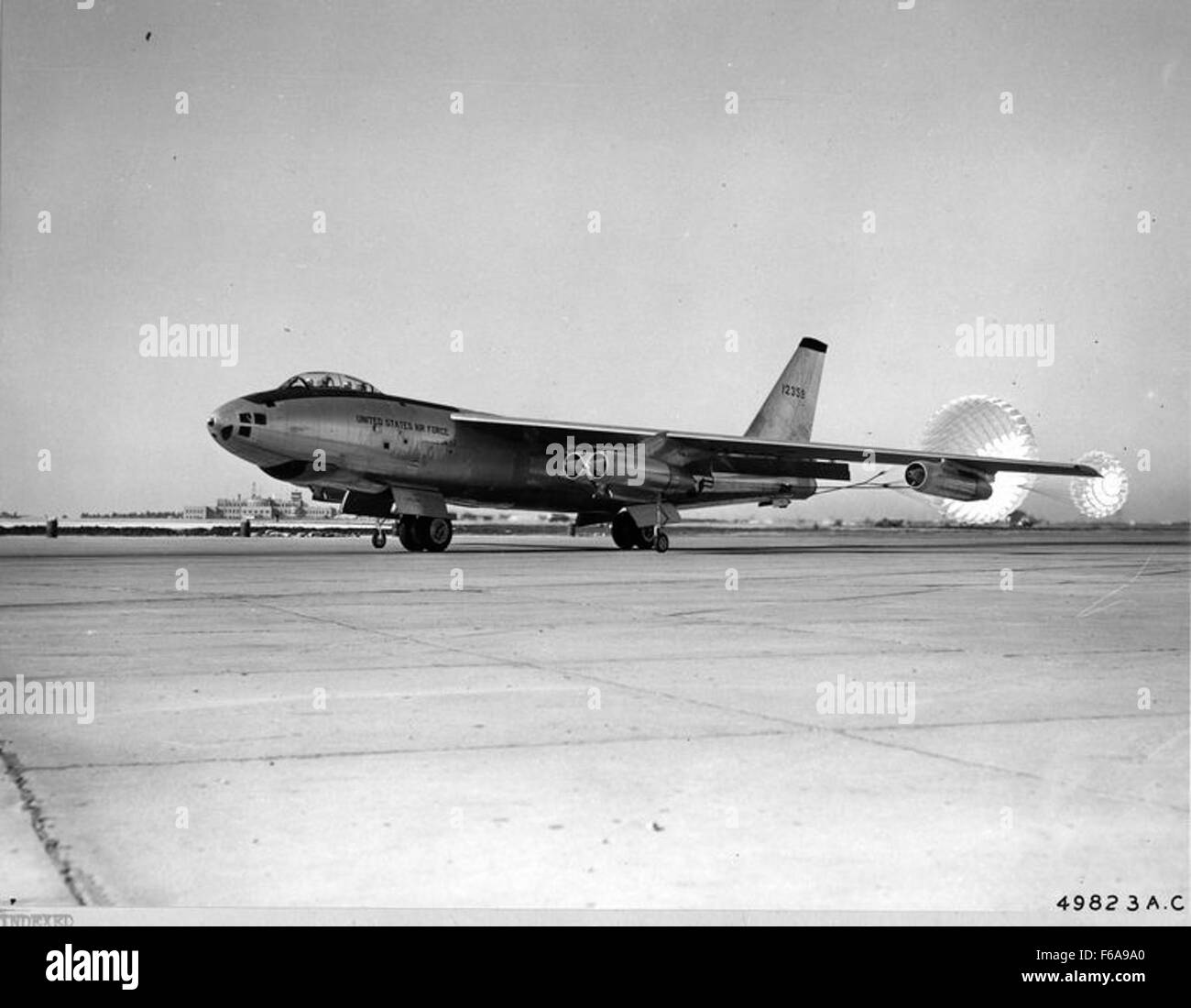 B-47 Both Chutes, a U.S. Air Force B-47 Stratojet bomber in flight with ...