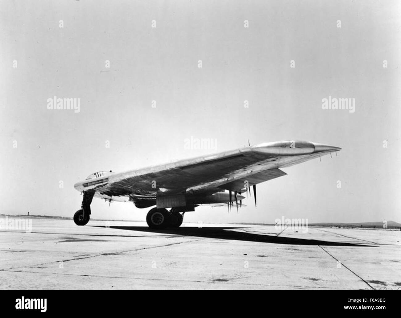 The XB-35, a flying wing bomber prototype, photographed on the ground ...