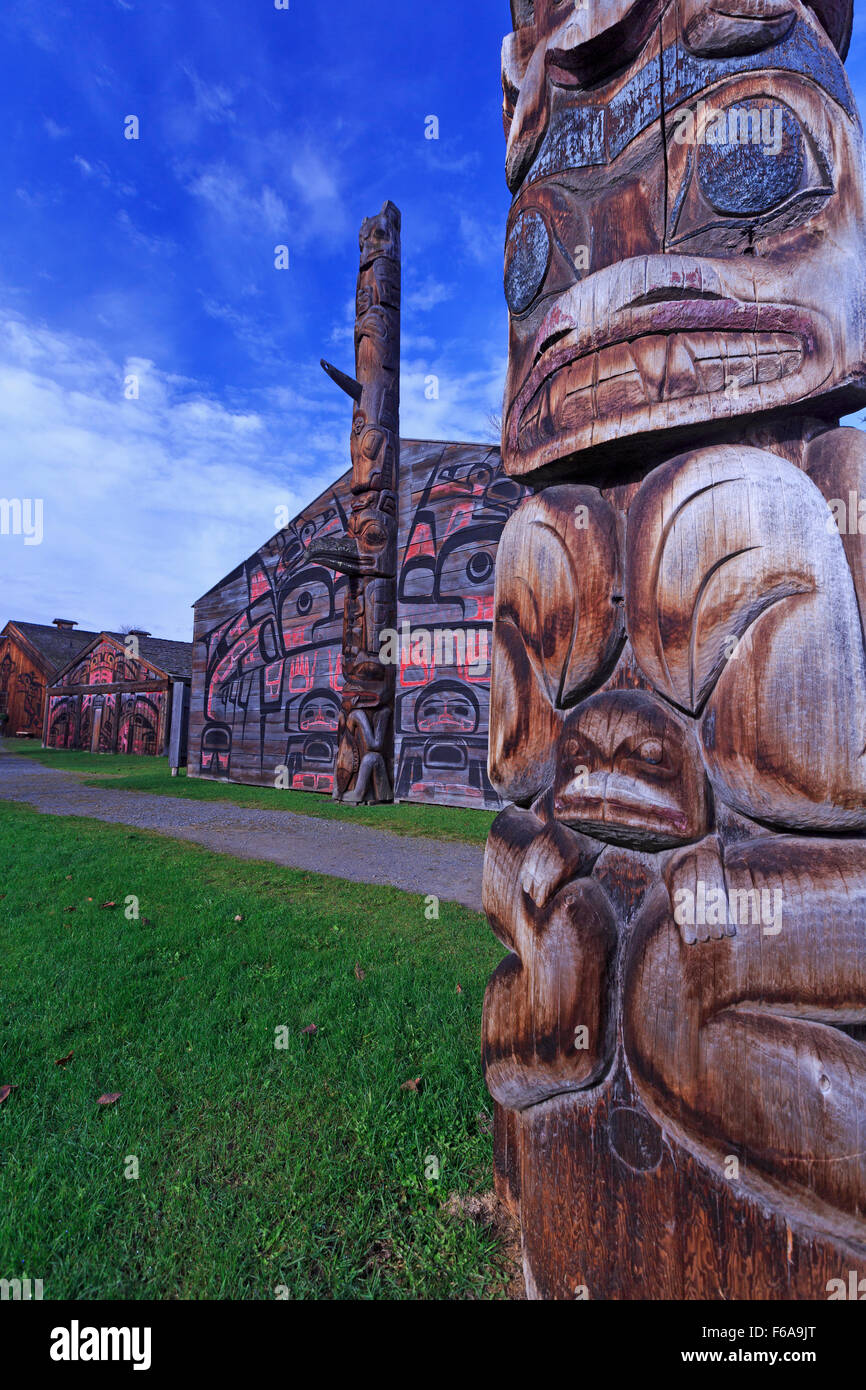 Totem pole and long houses at Ksan Historical Village and Museum ...