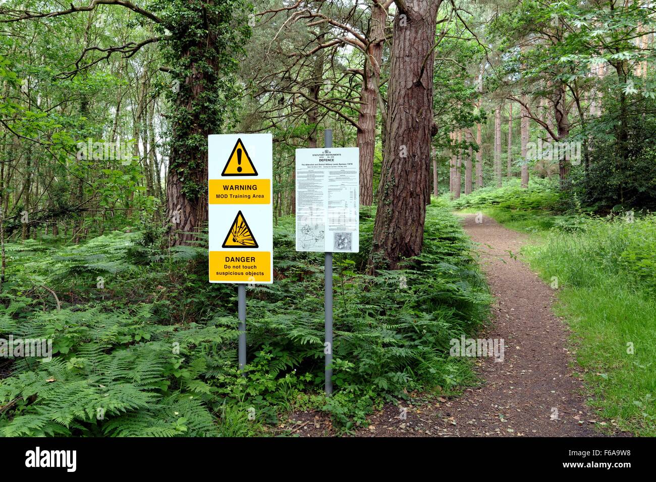 MOD warning signs on army training area in Aldershot Hampshire UK Stock ...