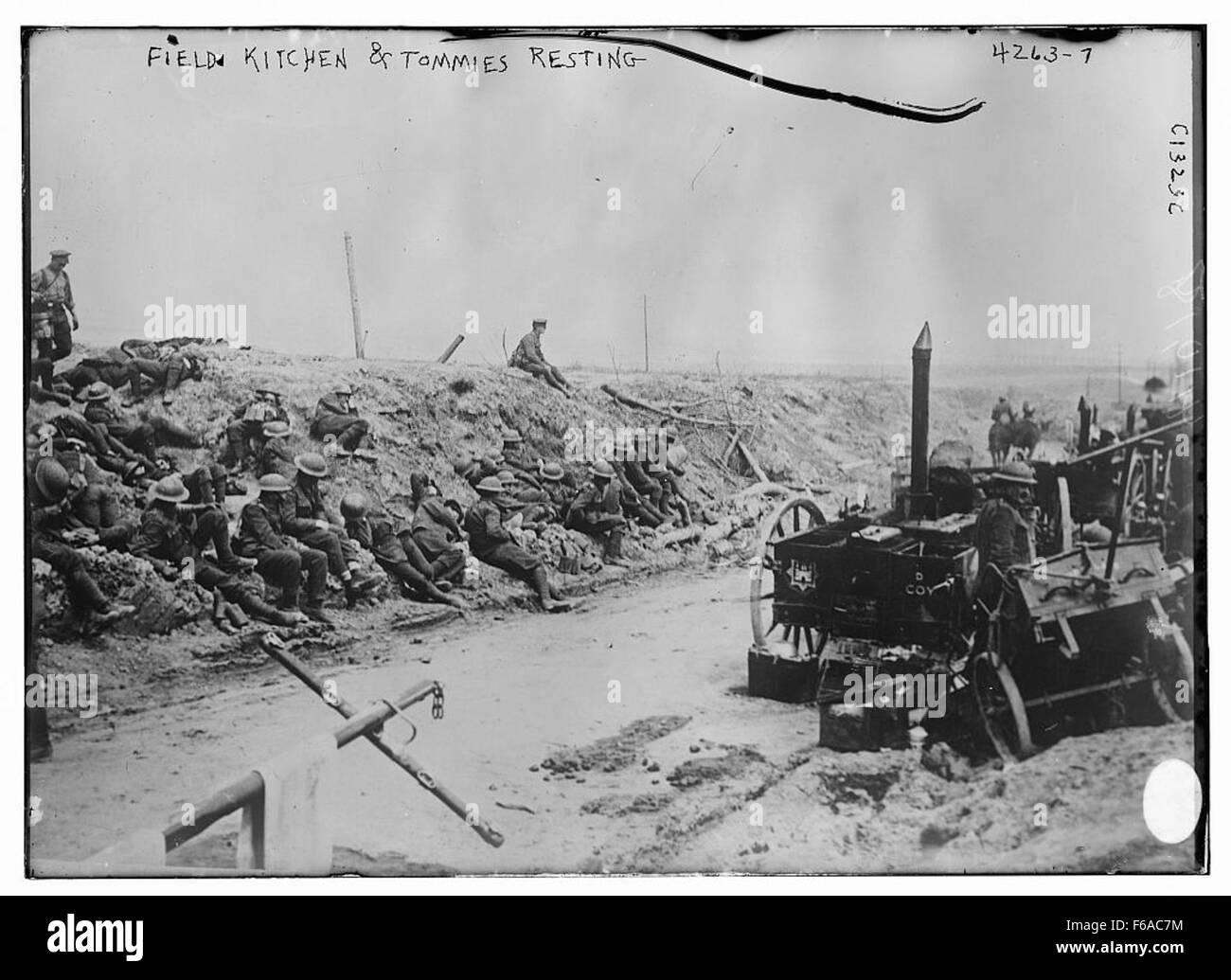 A photograph showing a British field kitchen with soldiers (Tommies ...