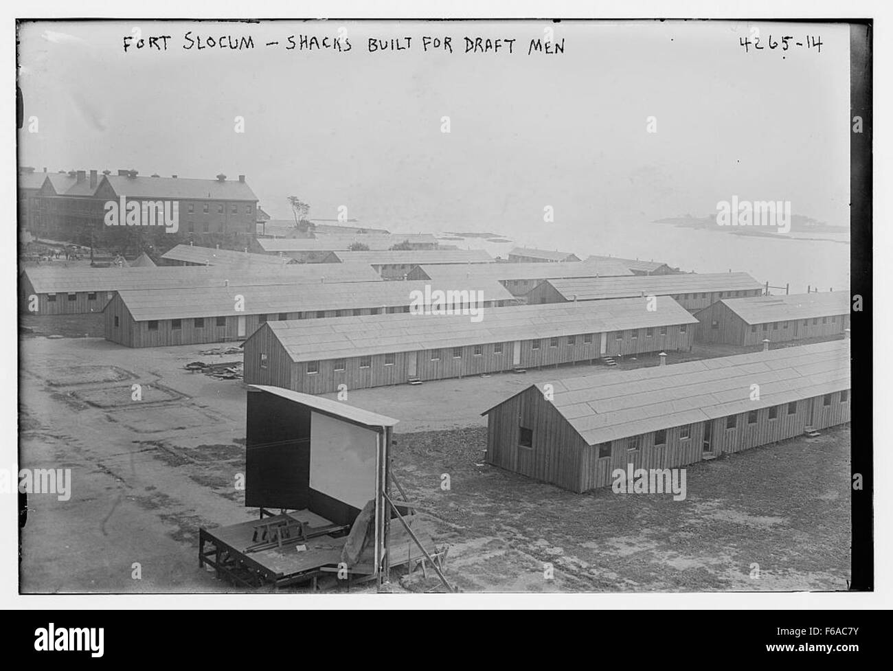 This image depicts the shacks constructed at Fort Slocum, a military ...