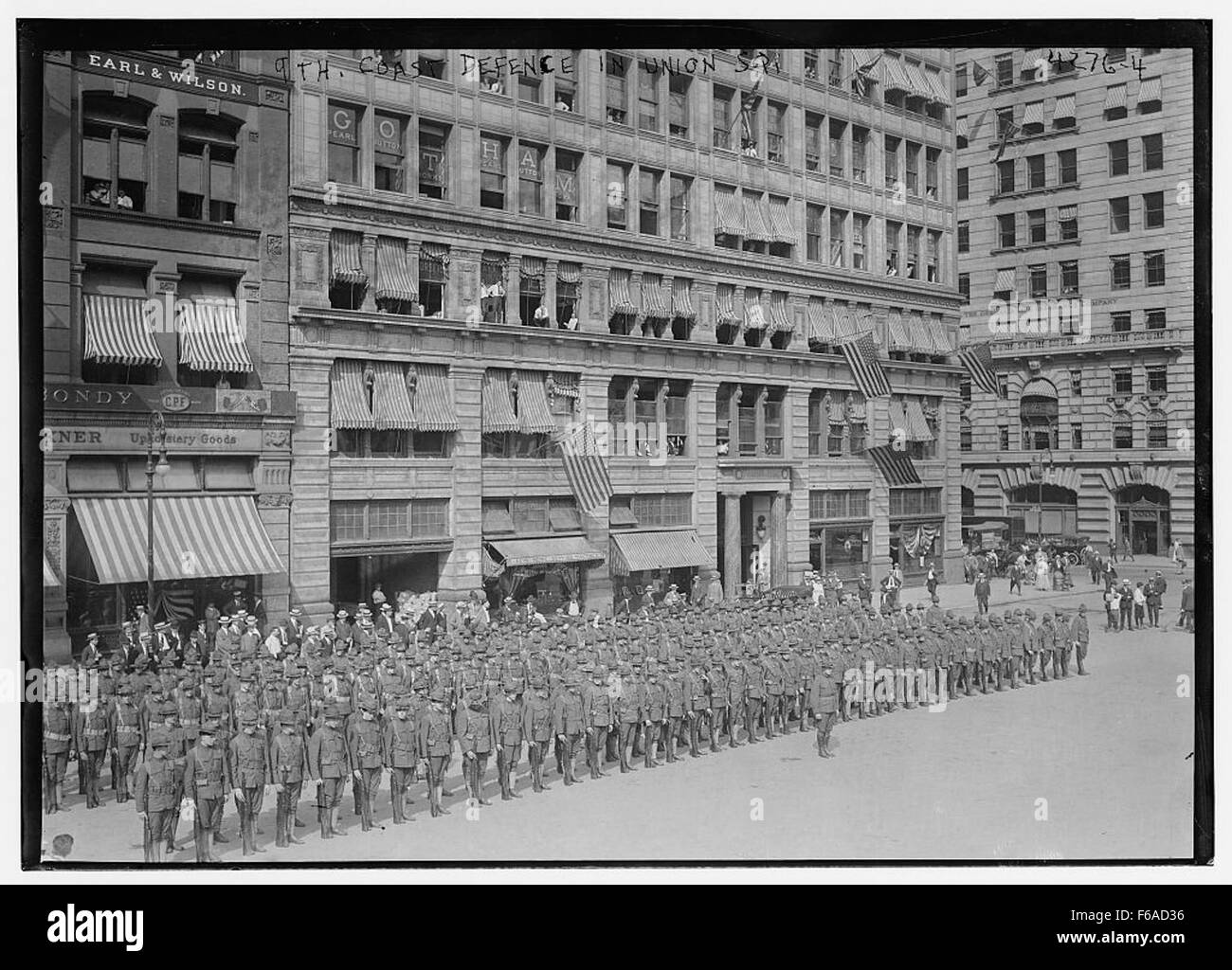 The 9th Coast Defense Battalion is shown in Union Square, likely during ...