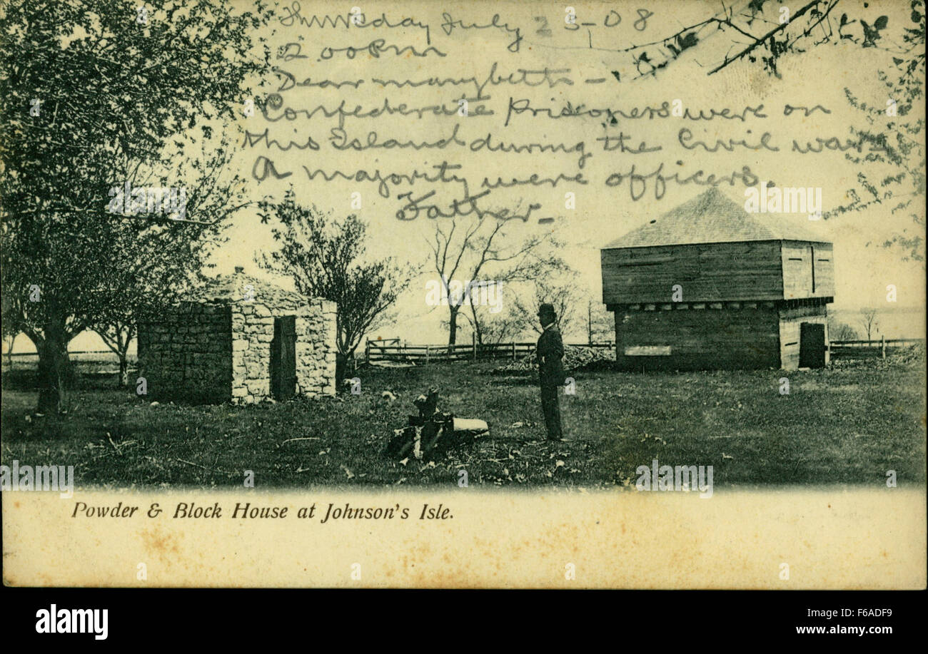 A postcard image of fort buildings and blockhouses on Johnson's Island ...