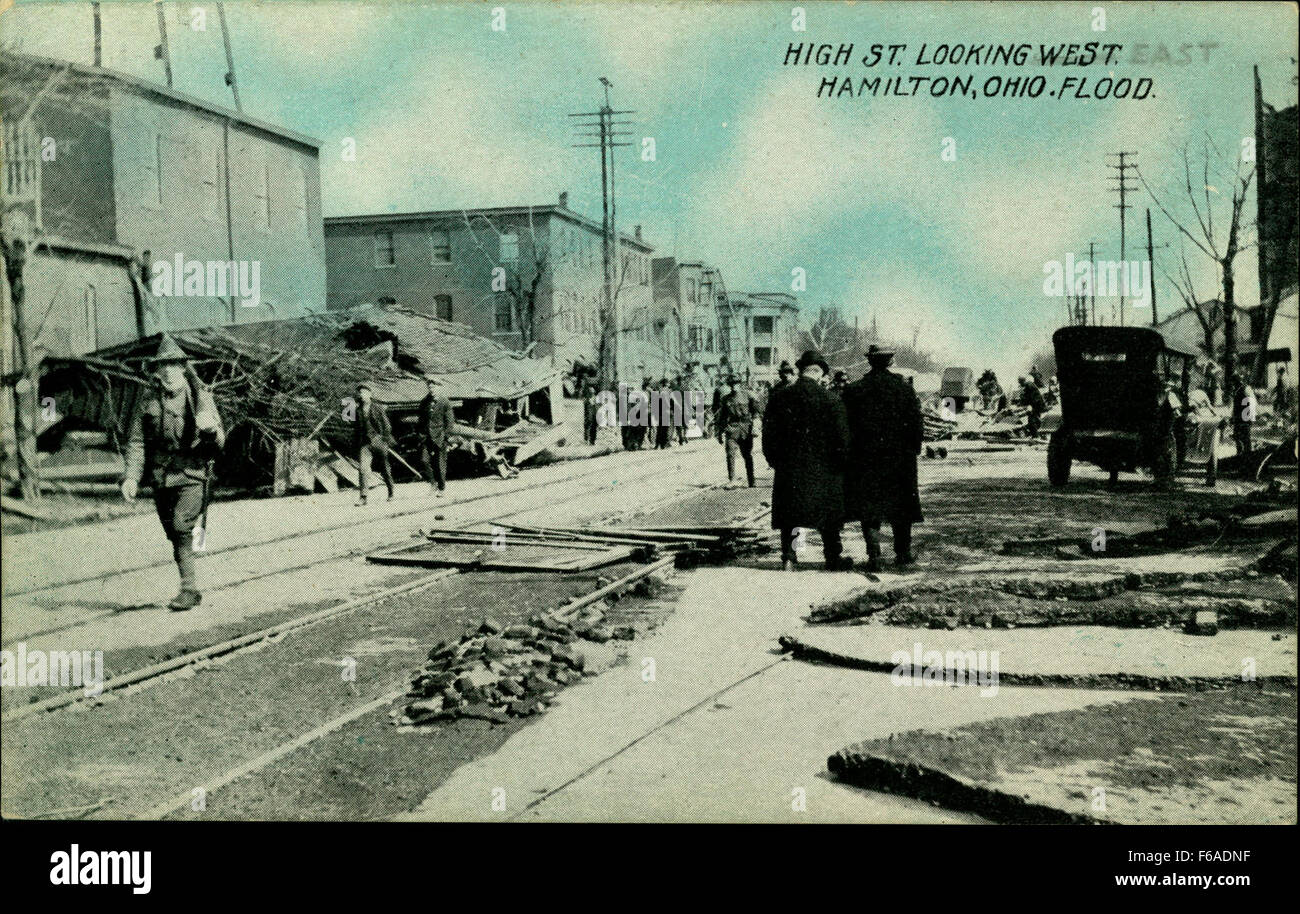 A postcard depicting High Street in Hamilton, Ohio, showing the effects ...