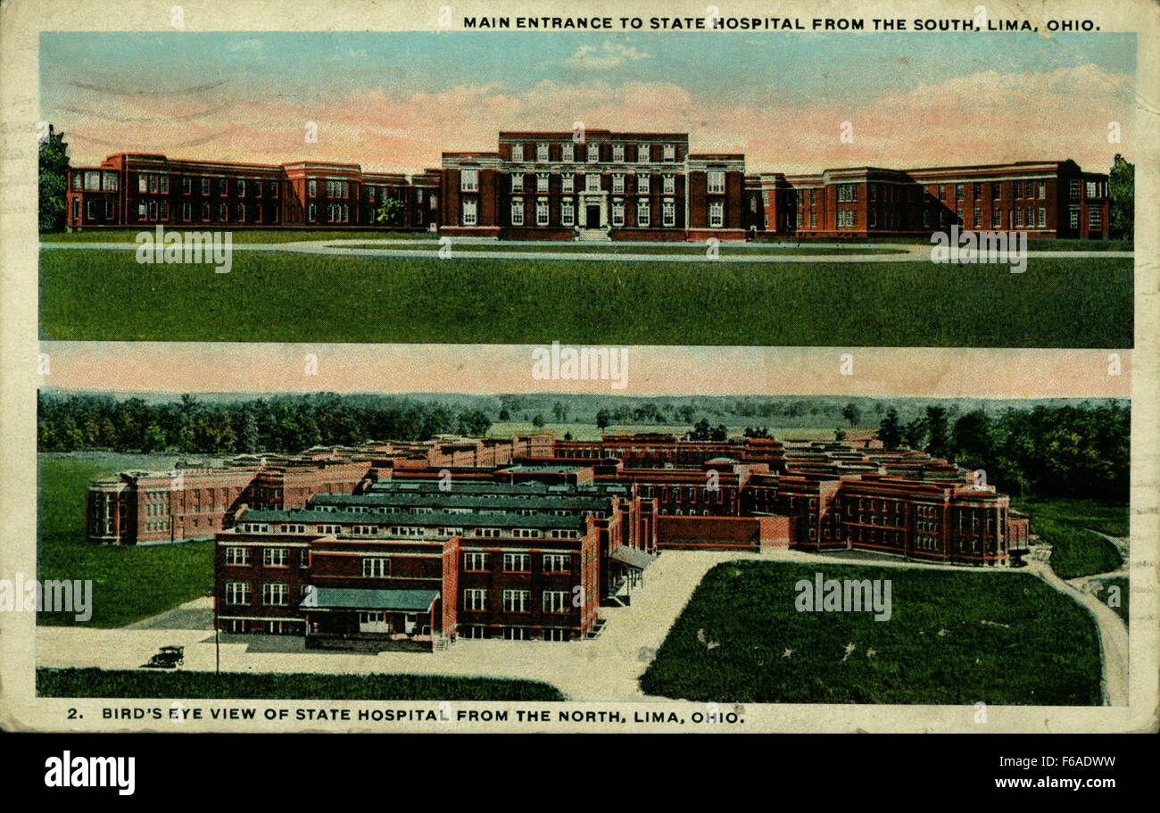 The main entrance to a state hospital in Lima, Ohio, as depicted in a ...