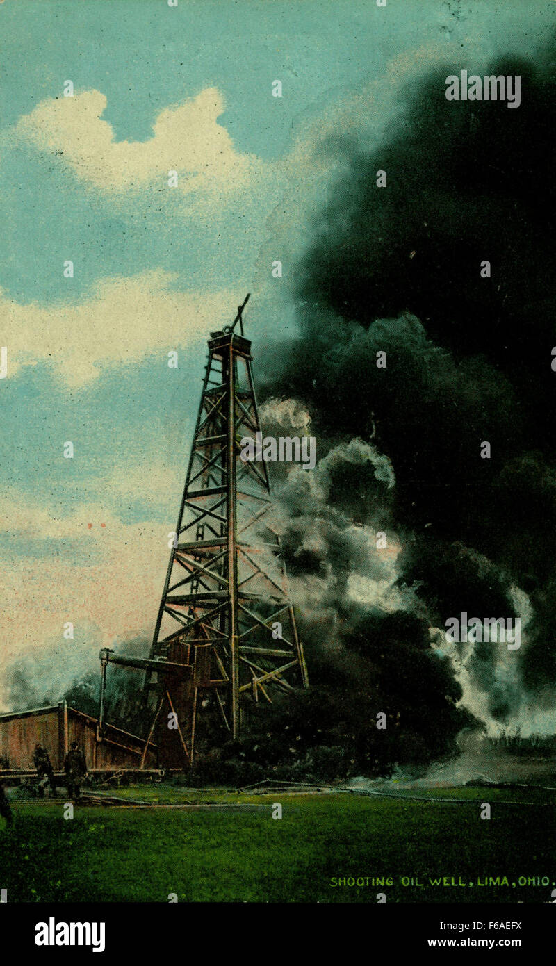 This postcard depicts the process of shooting an oil well in Lima, Ohio ...