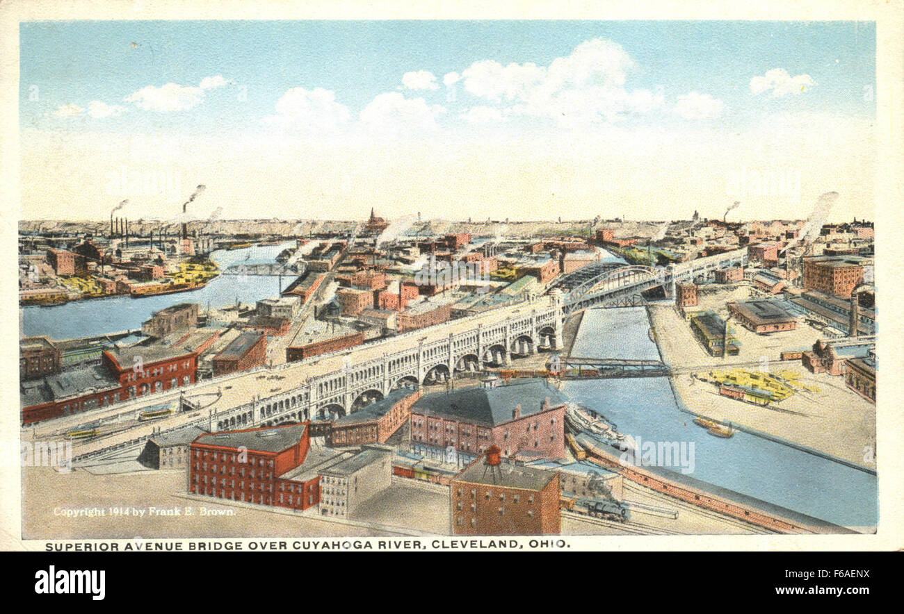 The Superior Avenue Bridge spans the Cuyahoga River in Cleveland, Ohio ...
