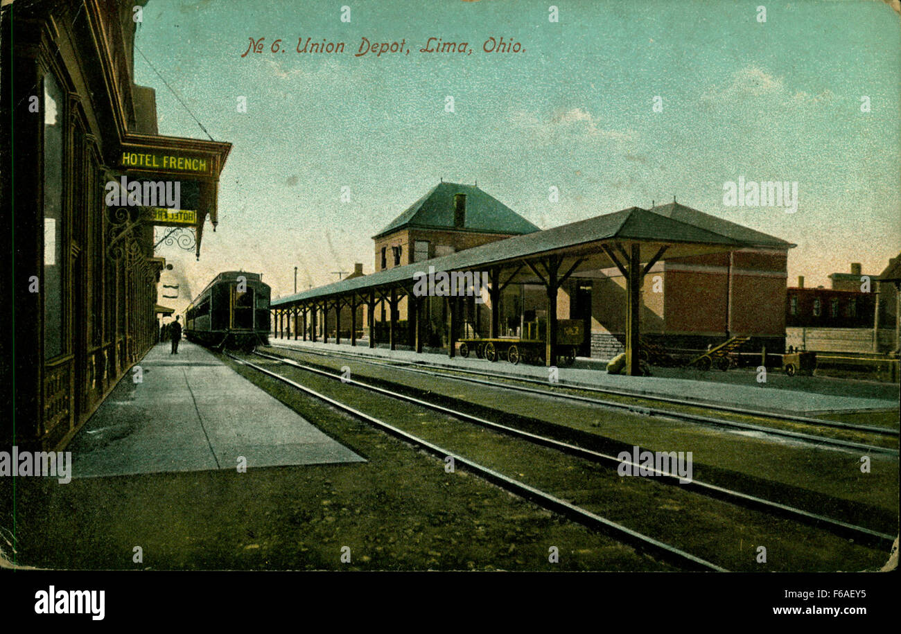 This postcard shows Union Depot in Lima, Ohio, featuring railroad ...