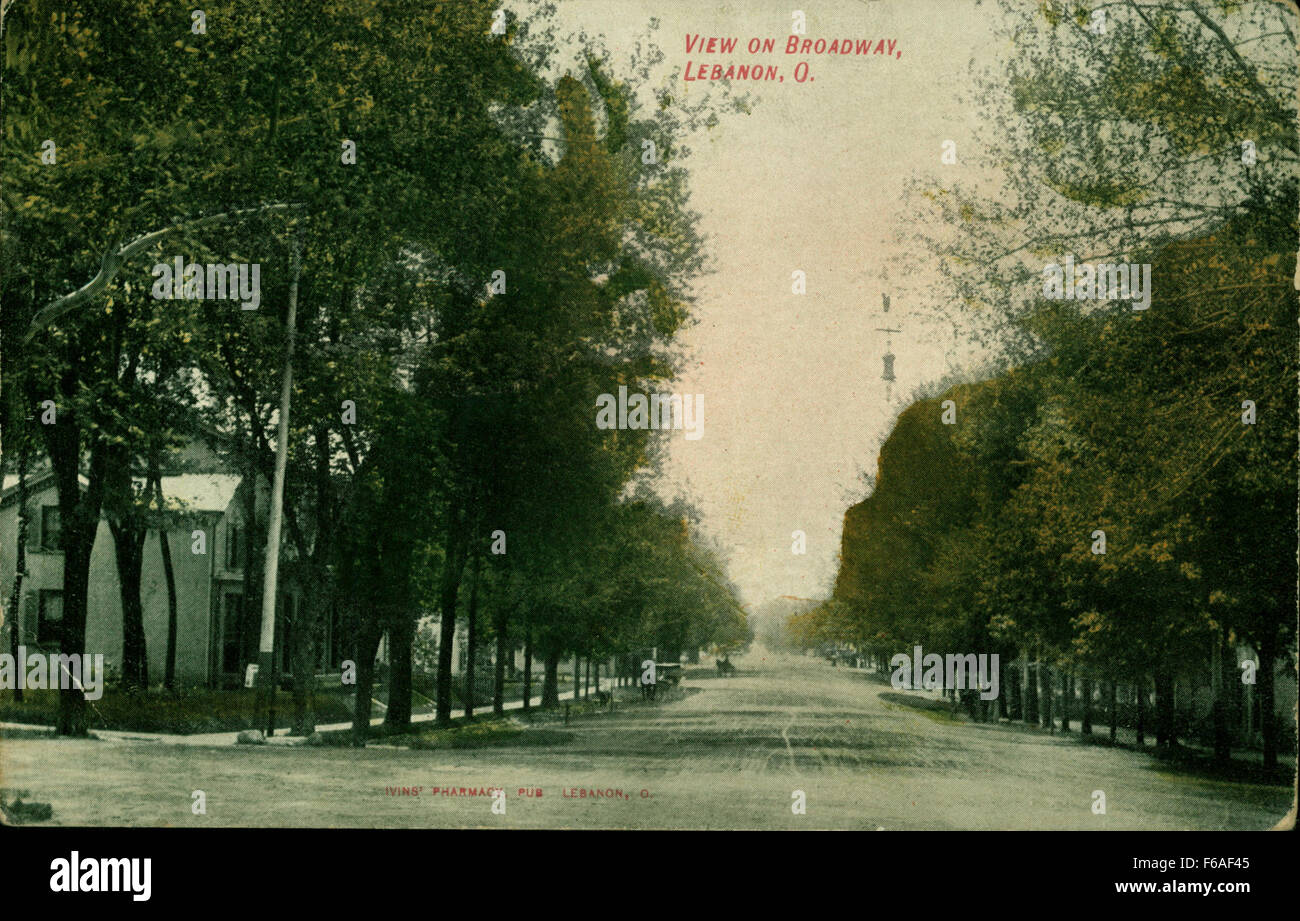 A postcard depicting a view of Broadway in Lebanon, Ohio, with ...