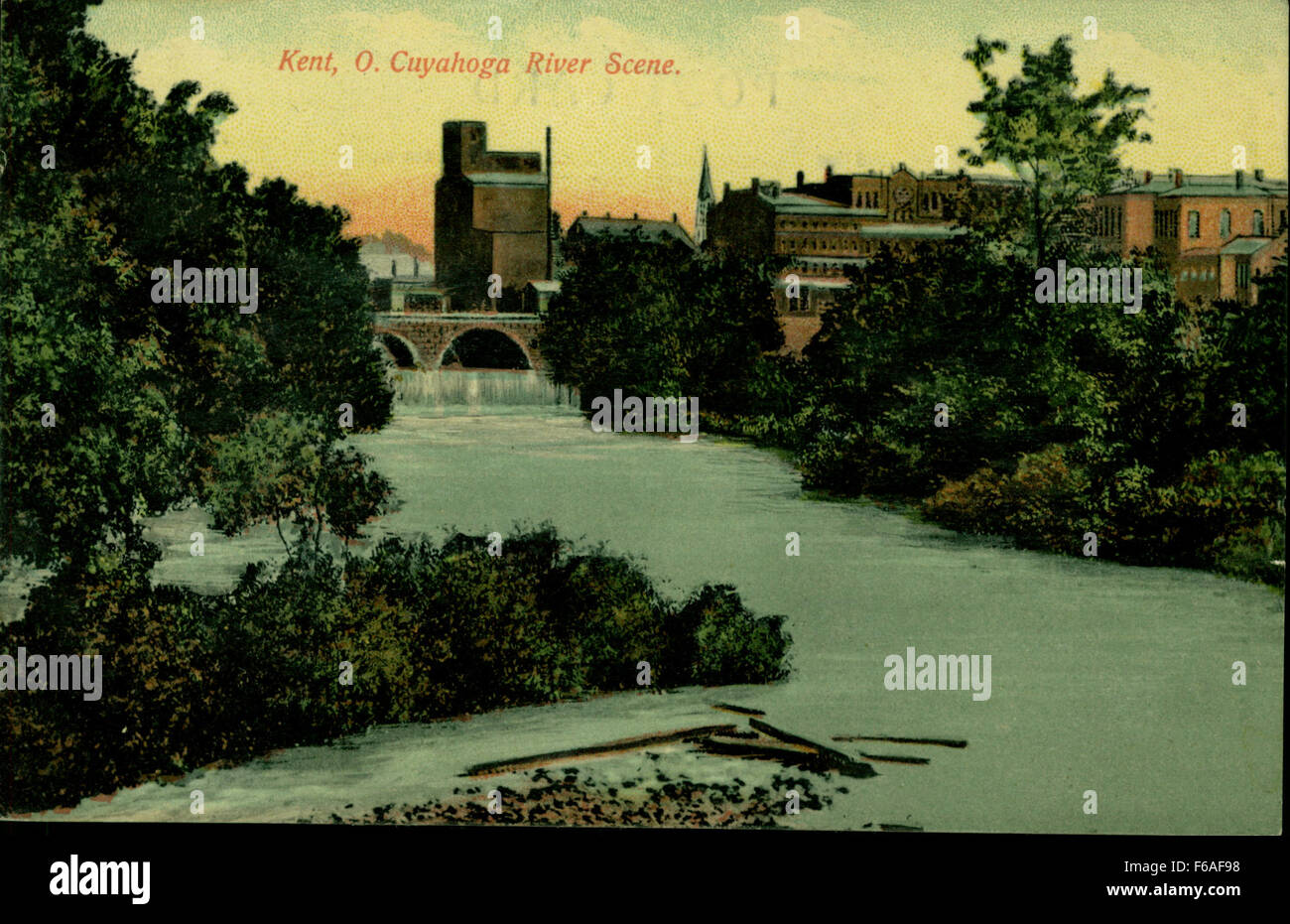 A postcard image of the Cuyahoga River flowing near Kent, Ohio, with a ...