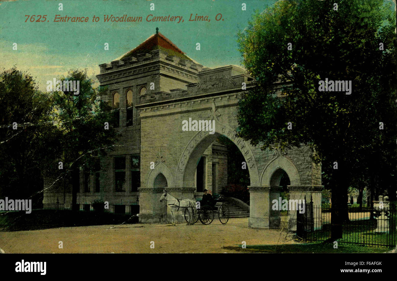 The entrance to Woodlawn Cemetery in Lima, Ohio, as depicted in a ...