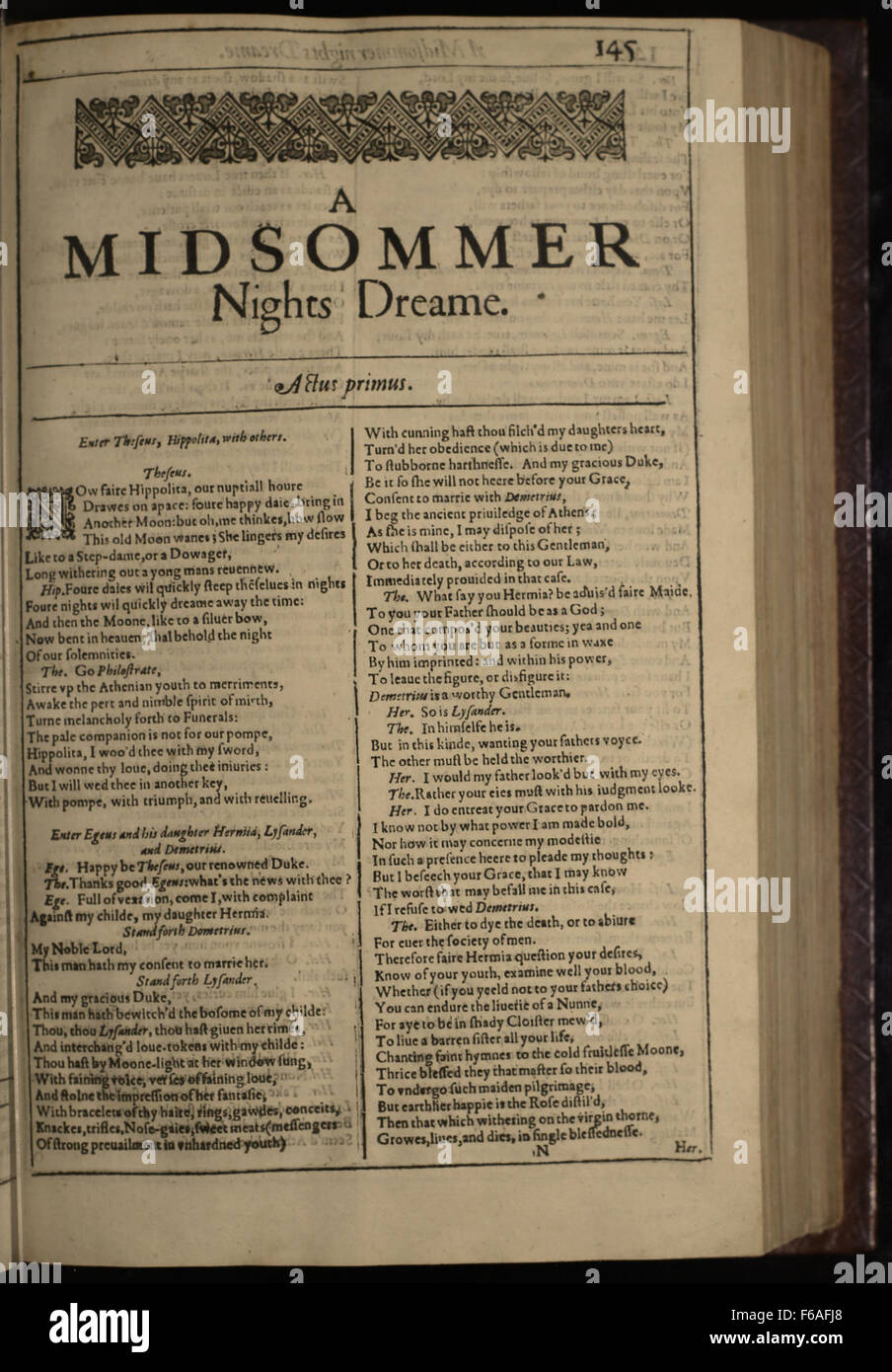 A page from Shakespeare's First Folio of 'A Midsummer Night's Dream,' a ...