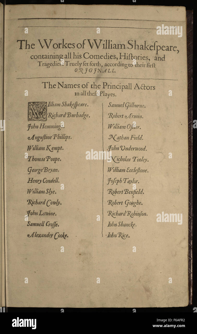 This page from the First Folio lists the principal actors involved in ...