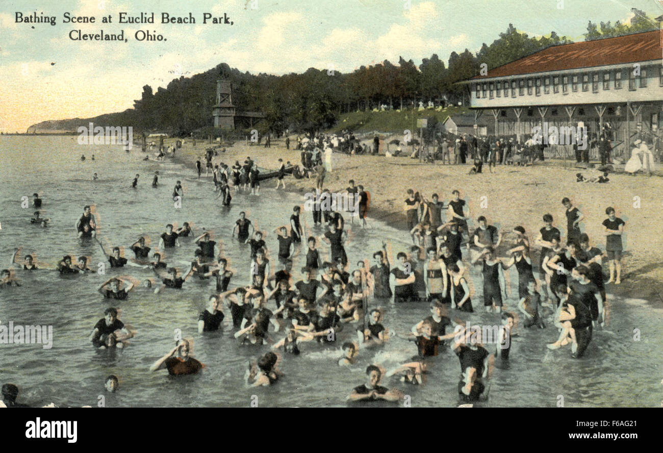 A vintage photograph depicting a bathing scene at the lakeside ...