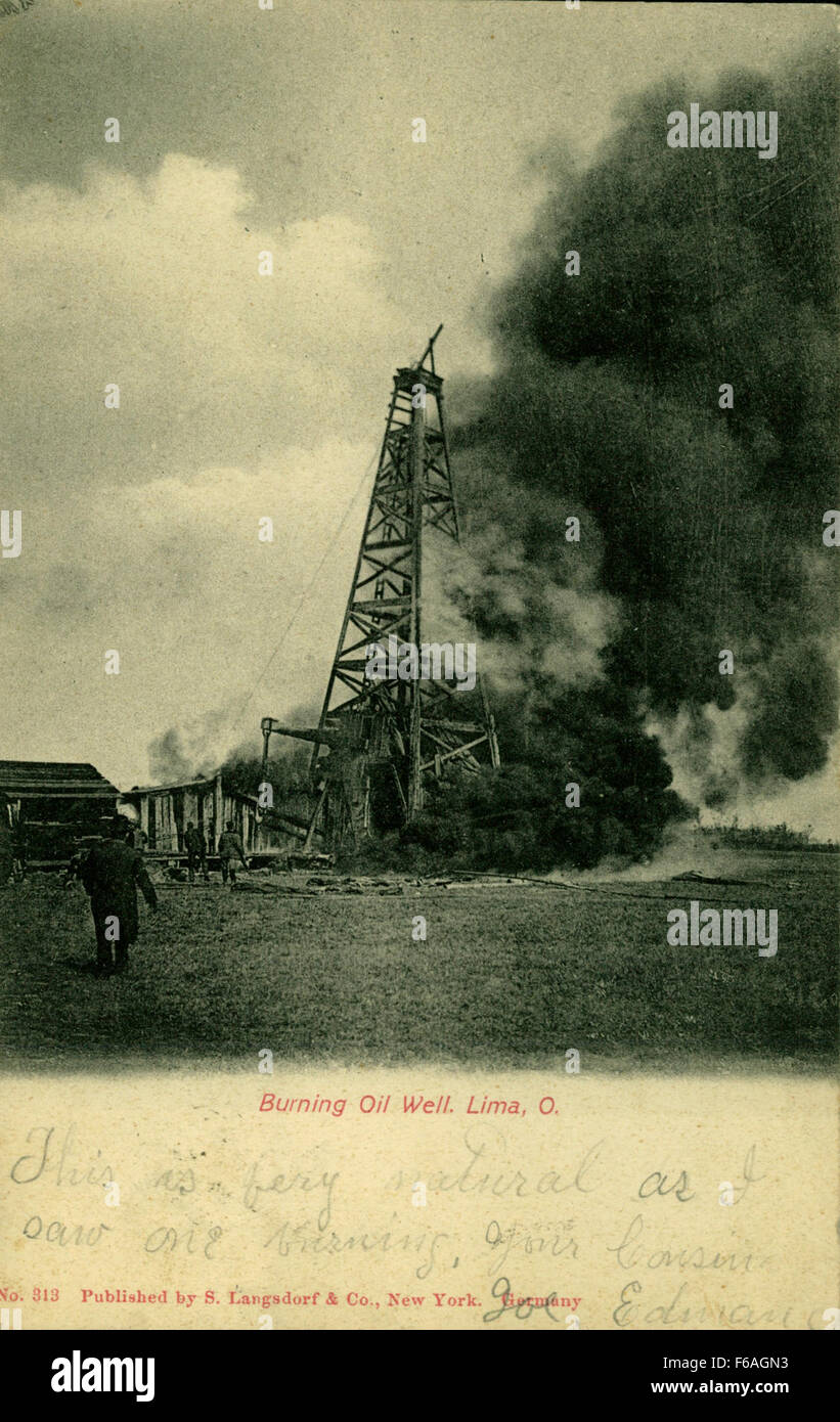 A dramatic image of an oil well fire in Lima, Ohio, showing a drilling ...