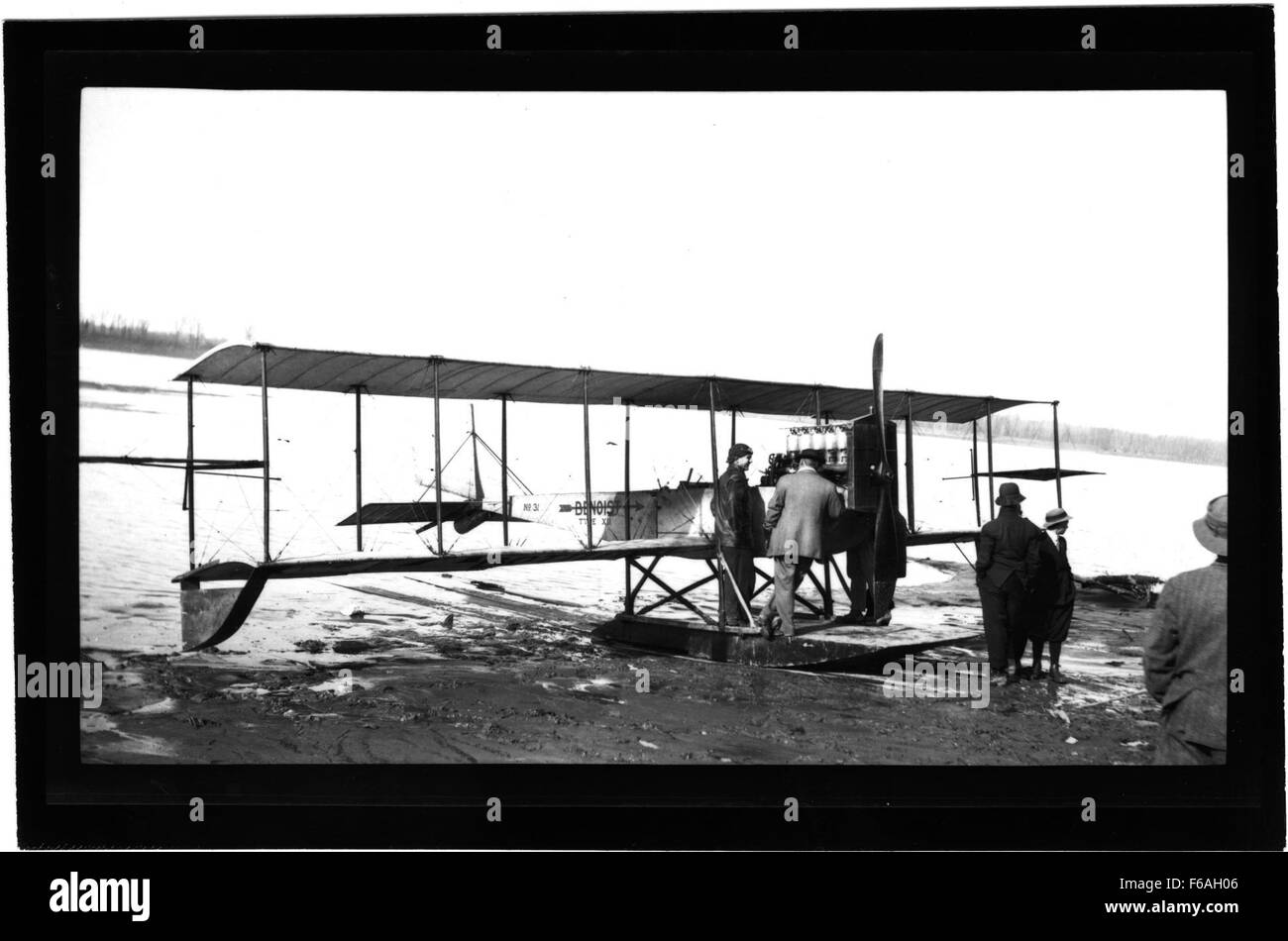 A historical depiction of an early flying machine, representing the ...