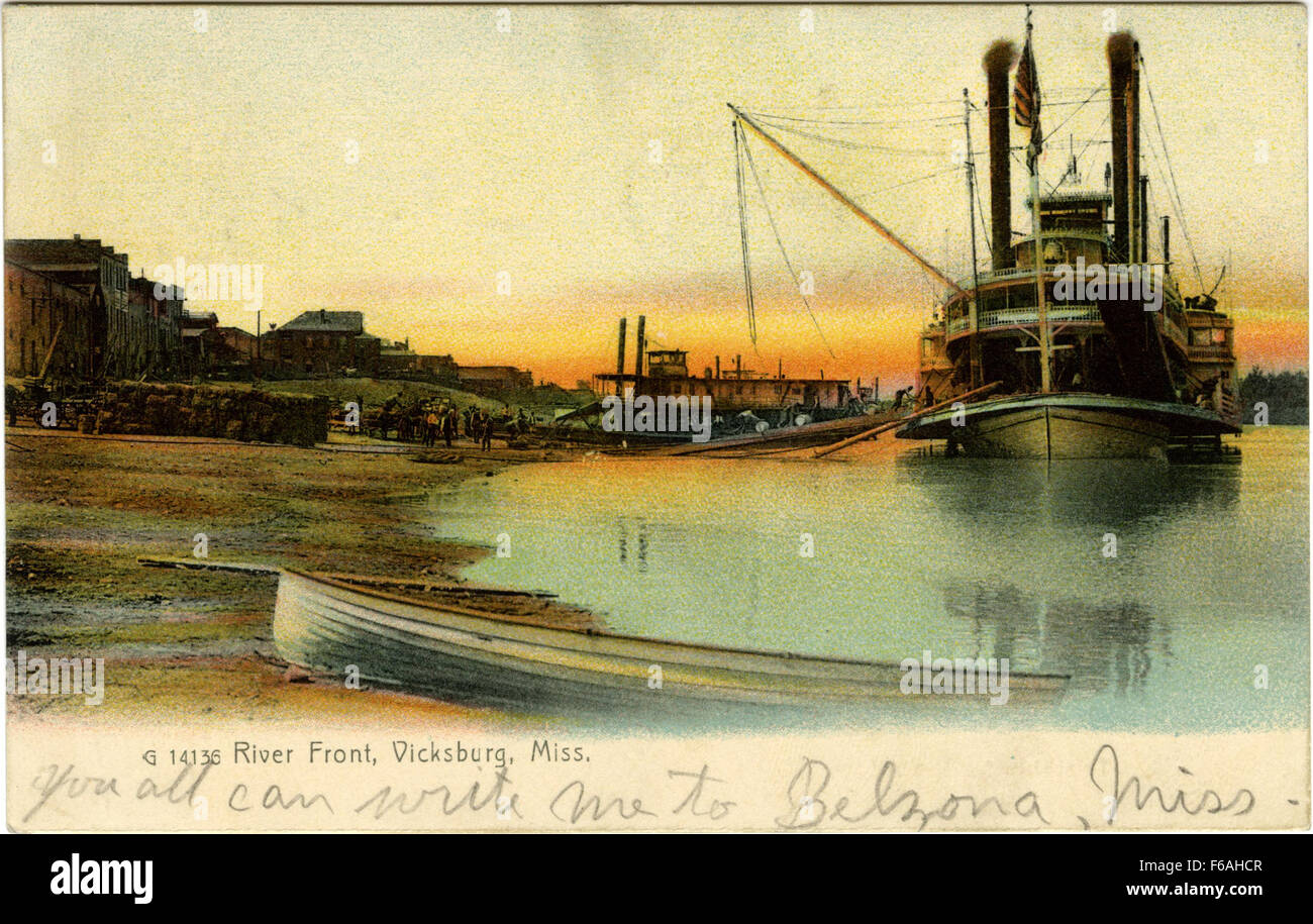 A historic photograph of the riverfront in Vicksburg, Mississippi, capturing the scenic ...