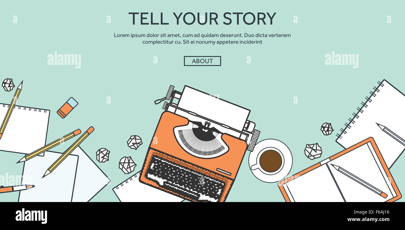Vector illustration, lined. Flat typewriter. Tell your story. Blogging ...