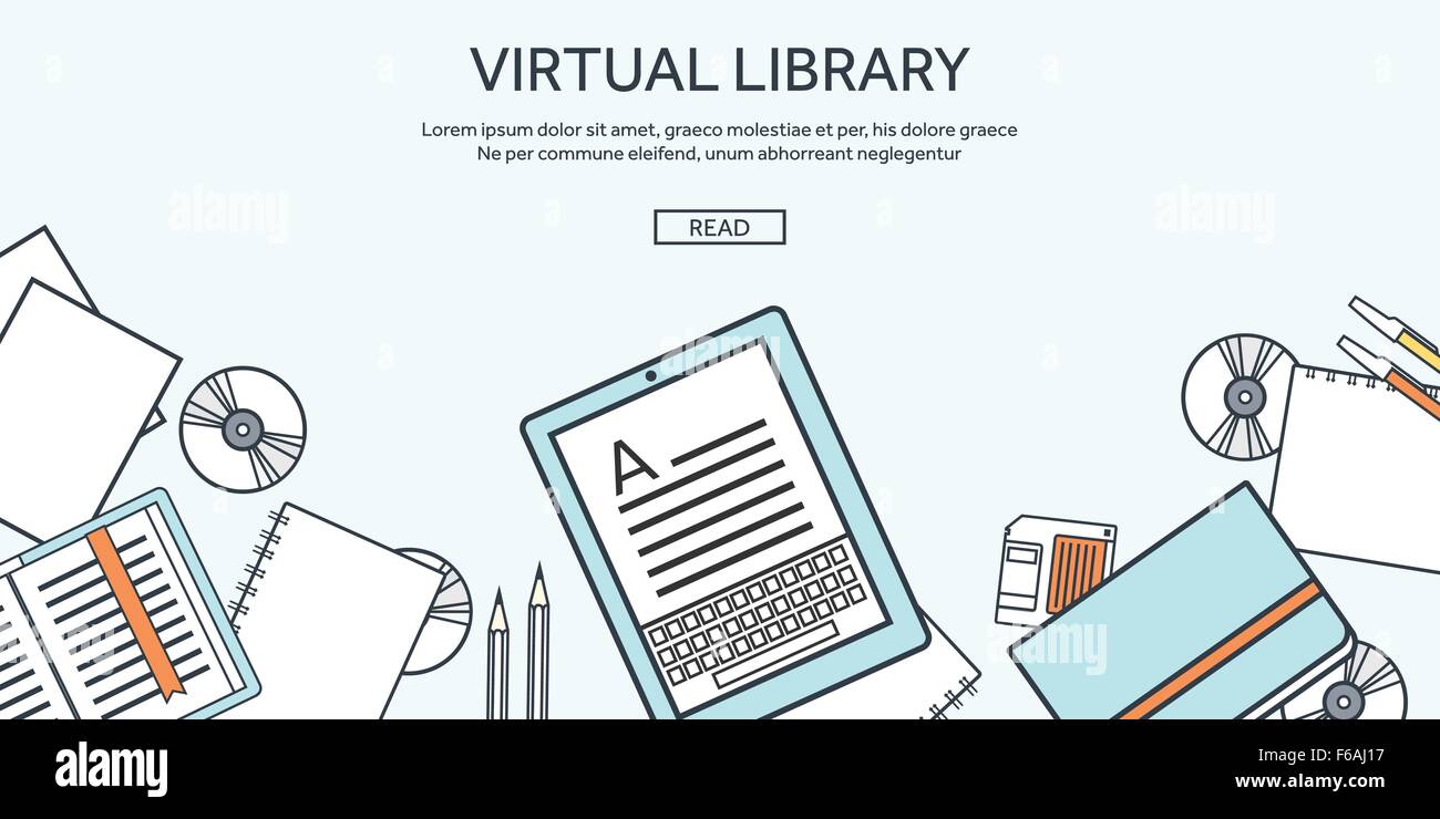 Vector illustration, lined. Flat background with e-book. Virtual ...