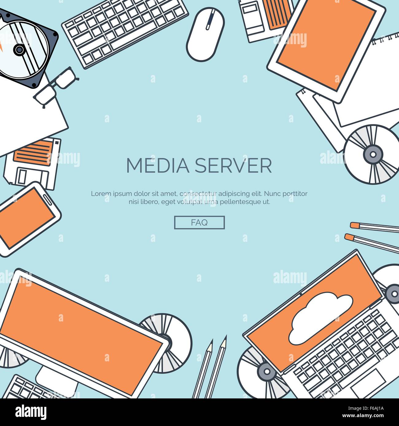 Vector illustration, lined. Flat cloud computing background. Data storage network technology ...