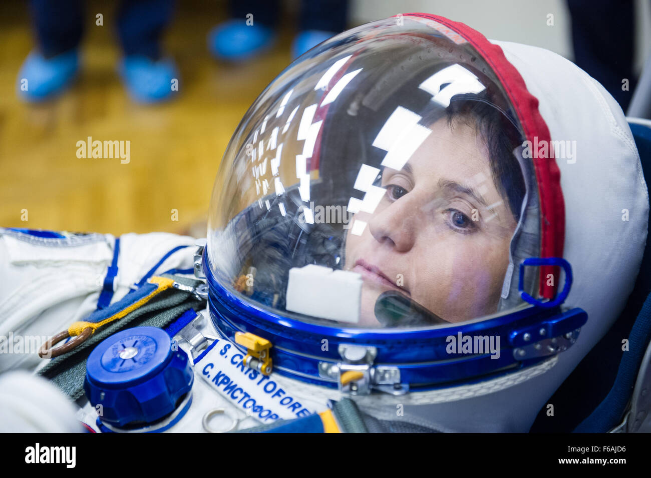 Expedition 42 crew members Samantha Cristoforetti and Andrey Shelepin ...