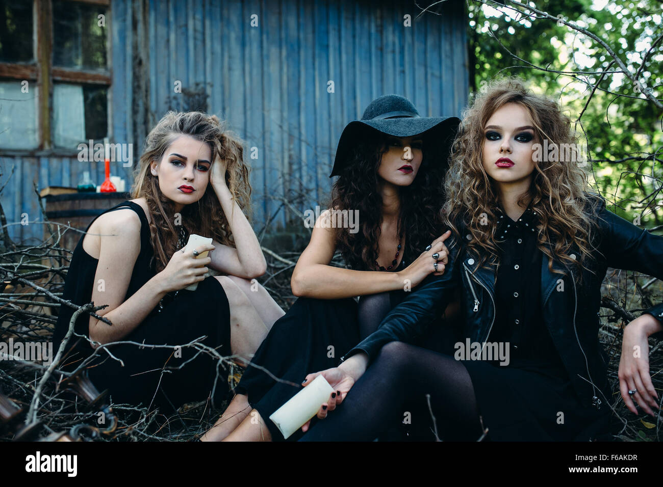 three vintage women as witches Stock Photo - Alamy