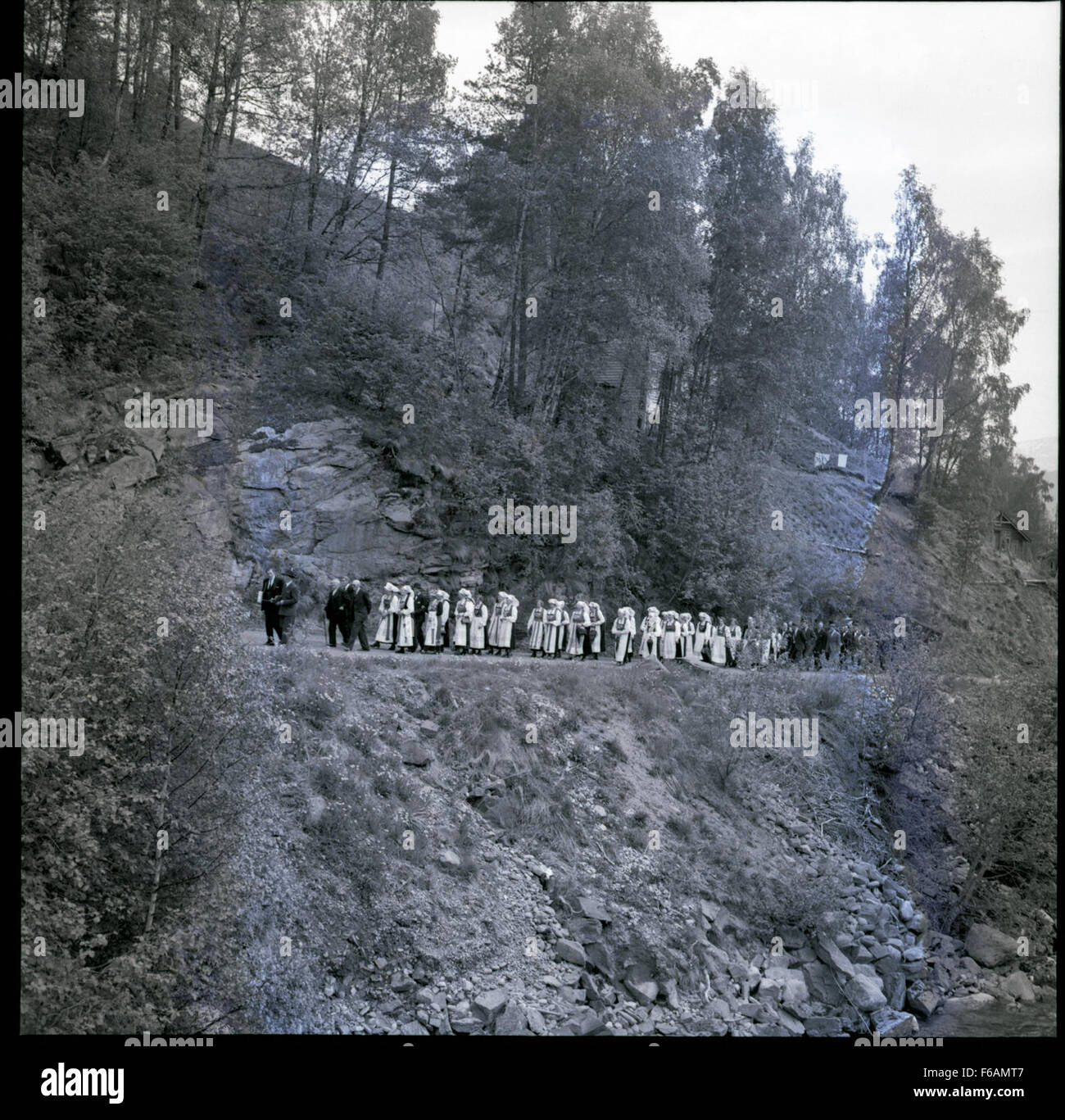 A traditional Norwegian wedding in Hardanger, Hordaland, with the bride in a bunad (folk costume ...