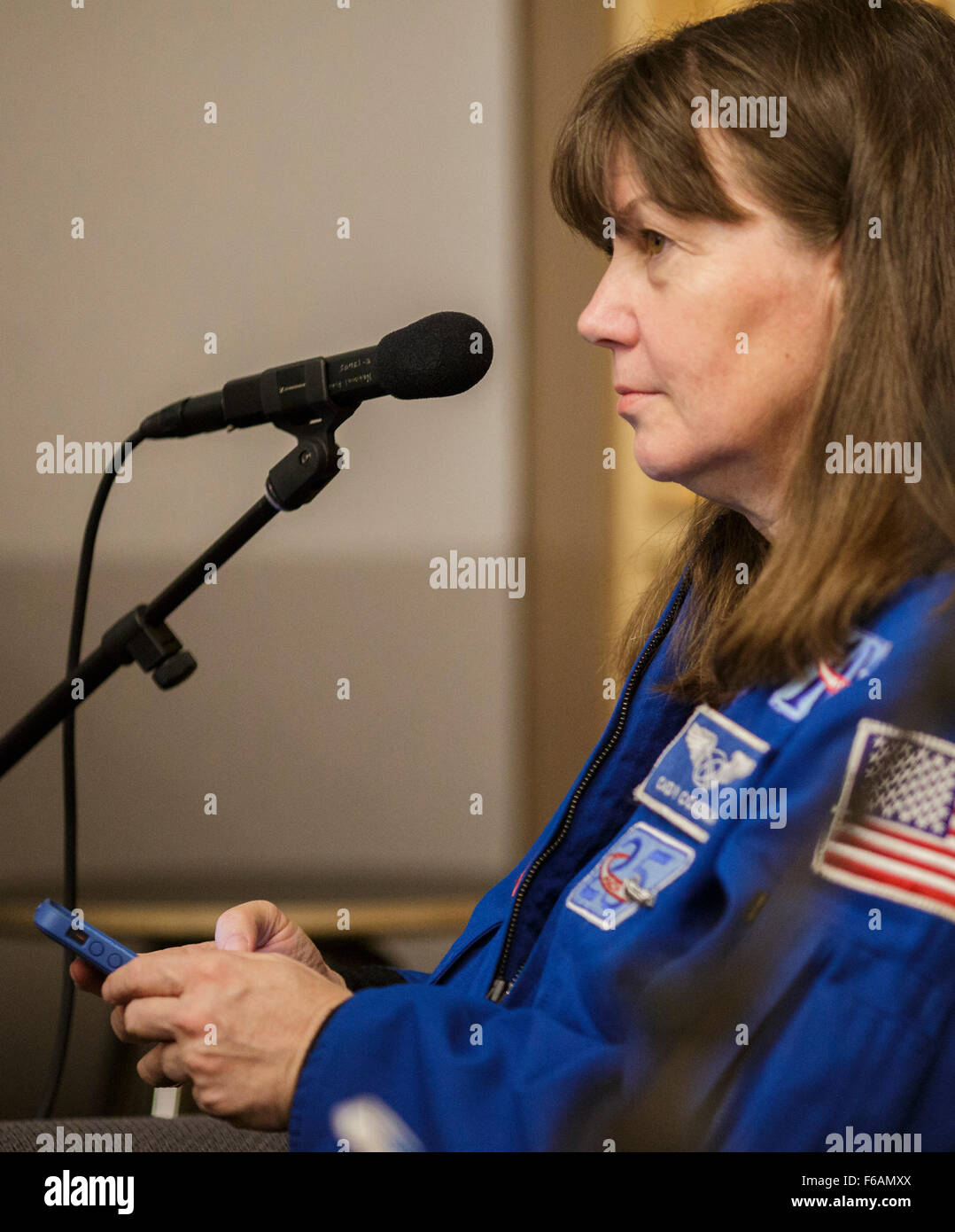 NASA astronaut Cady Coleman is seen during a discussion with NPR's Adam ...