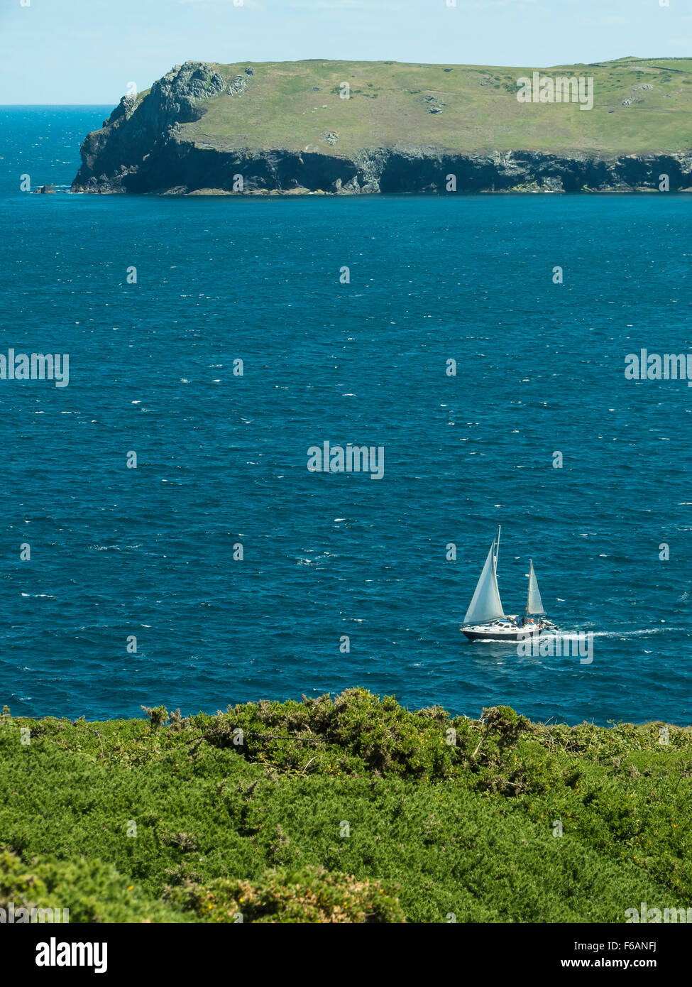 Yacht at sea from Stepper Point, near Padstow, Cornwall Stock Photo - Alamy