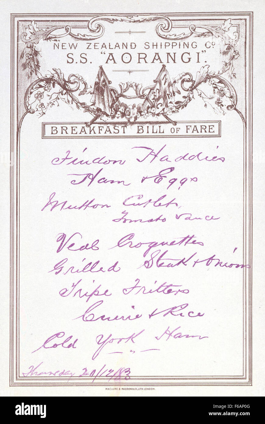 This image of the breakfast bill of fare from the New Zealand Shipping ...