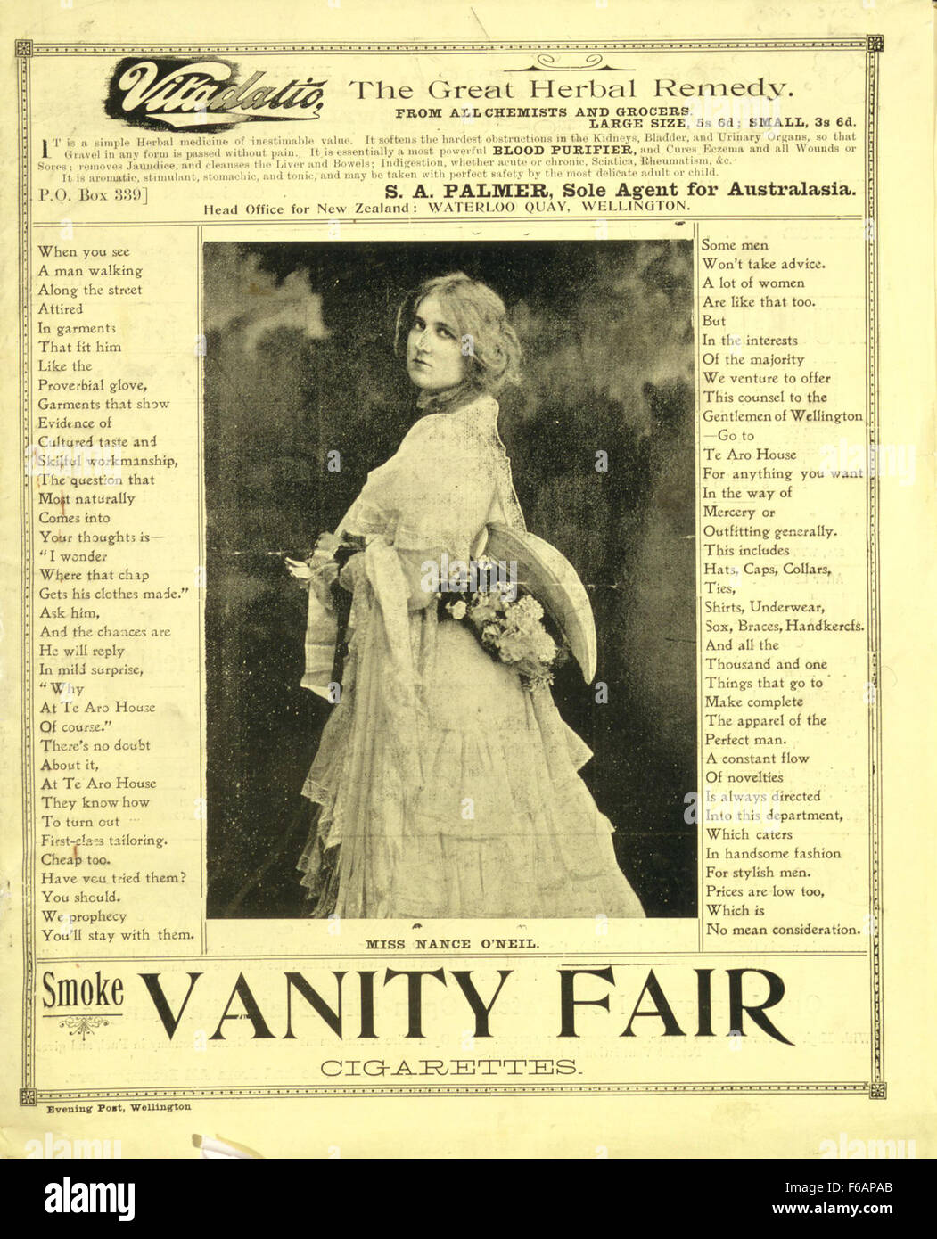 The front cover of a 19th-century playbill features Miss Nance O'Neil ...