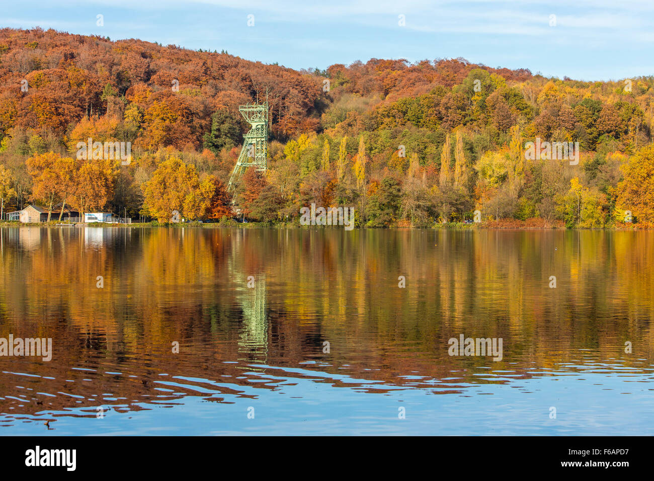Baldeneysee lake, in Essen, Germany, fall, trees in autumn colors ...