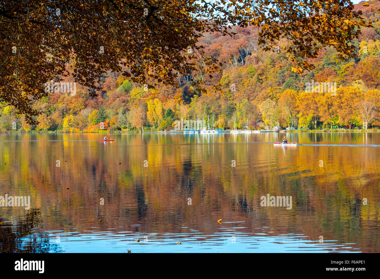 Baldeneysee lake, in Essen, Germany, fall, trees in autumn colors ...