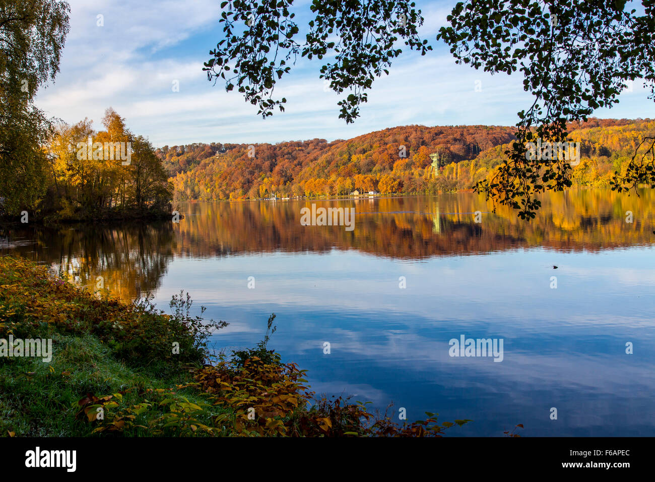 Baldeneysee lake, in Essen, Germany, fall, trees in autumn colors ...