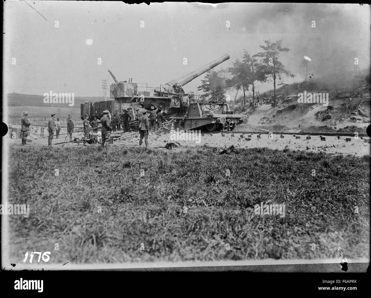This image captures a British 92 rail gun in action during World War I ...