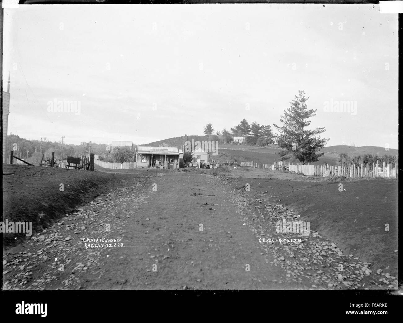 This historical photograph shows the Te Mata Store near Raglan, taken ...