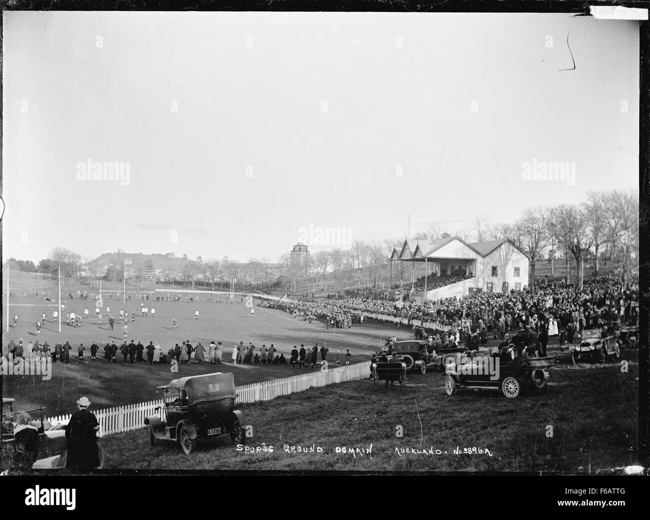 A view of the sports ground and grandstand at Auckland Domain, a large ...