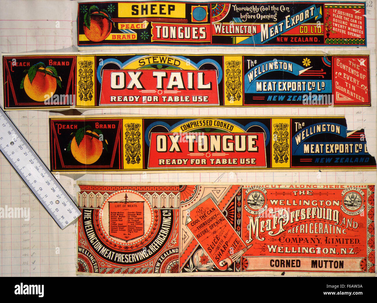 These labels from Wellington Meat Export Company Ltd feature the Peach ...