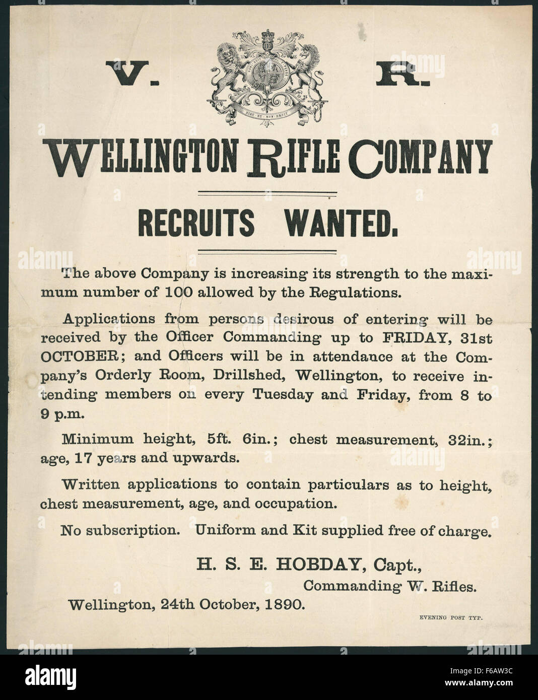 A historical recruitment poster from October 24, 1890, for the ...