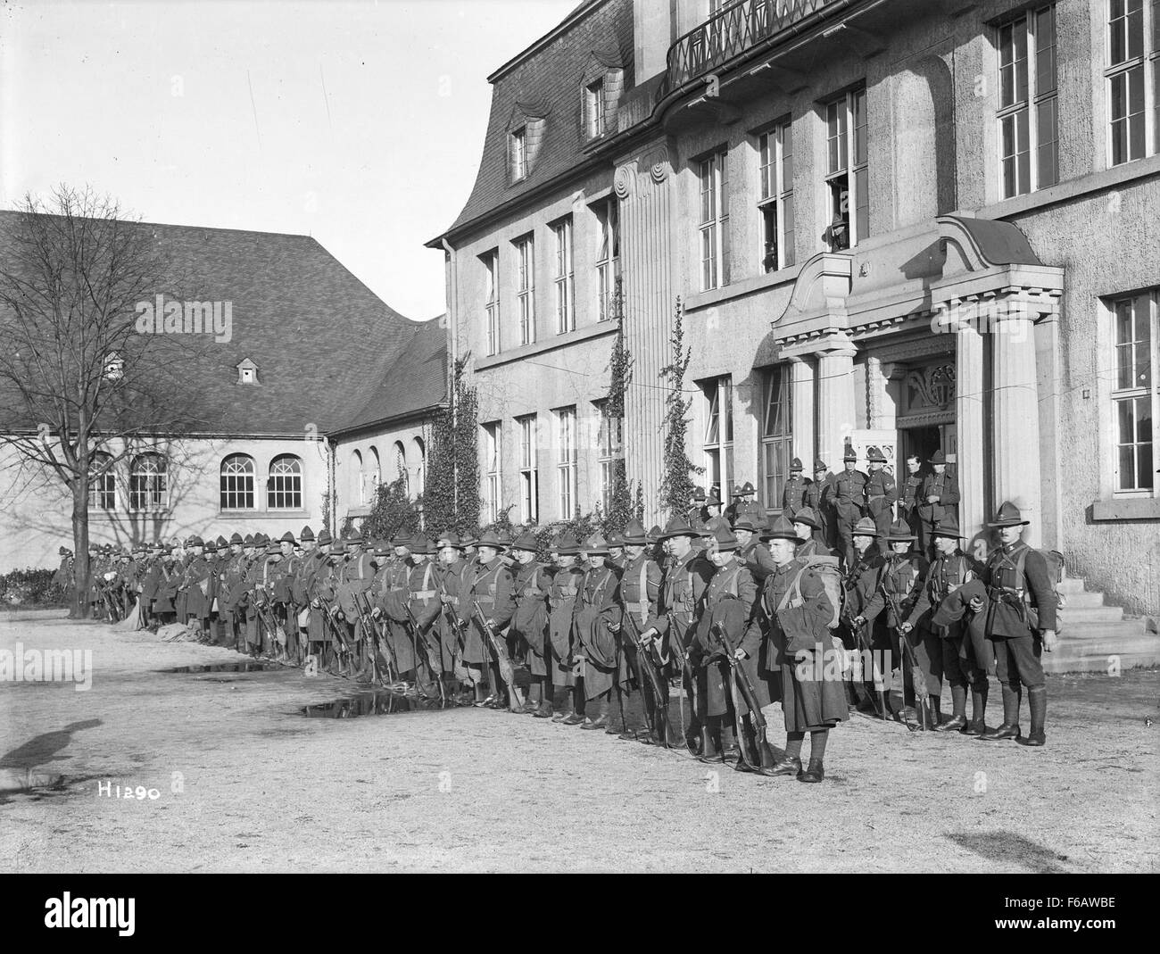 A World War I photograph showing soldiers preparing to depart from a ...