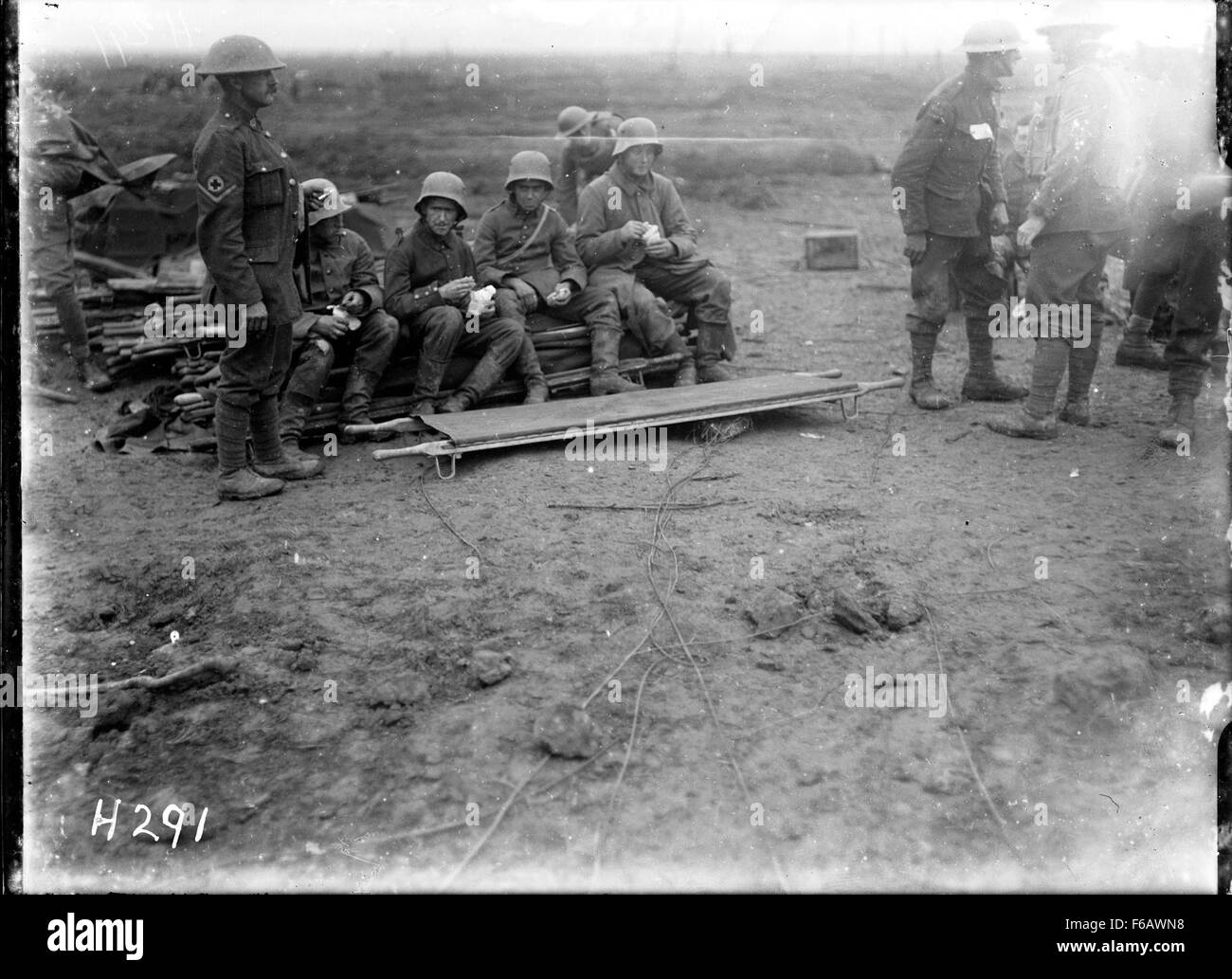 This historical photograph captures a group of German prisoners during ...
