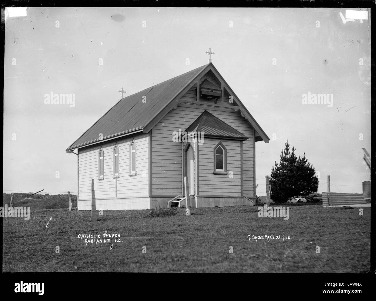 This 1910 photograph by Gilmour depicts the Catholic Church in Raglan ...
