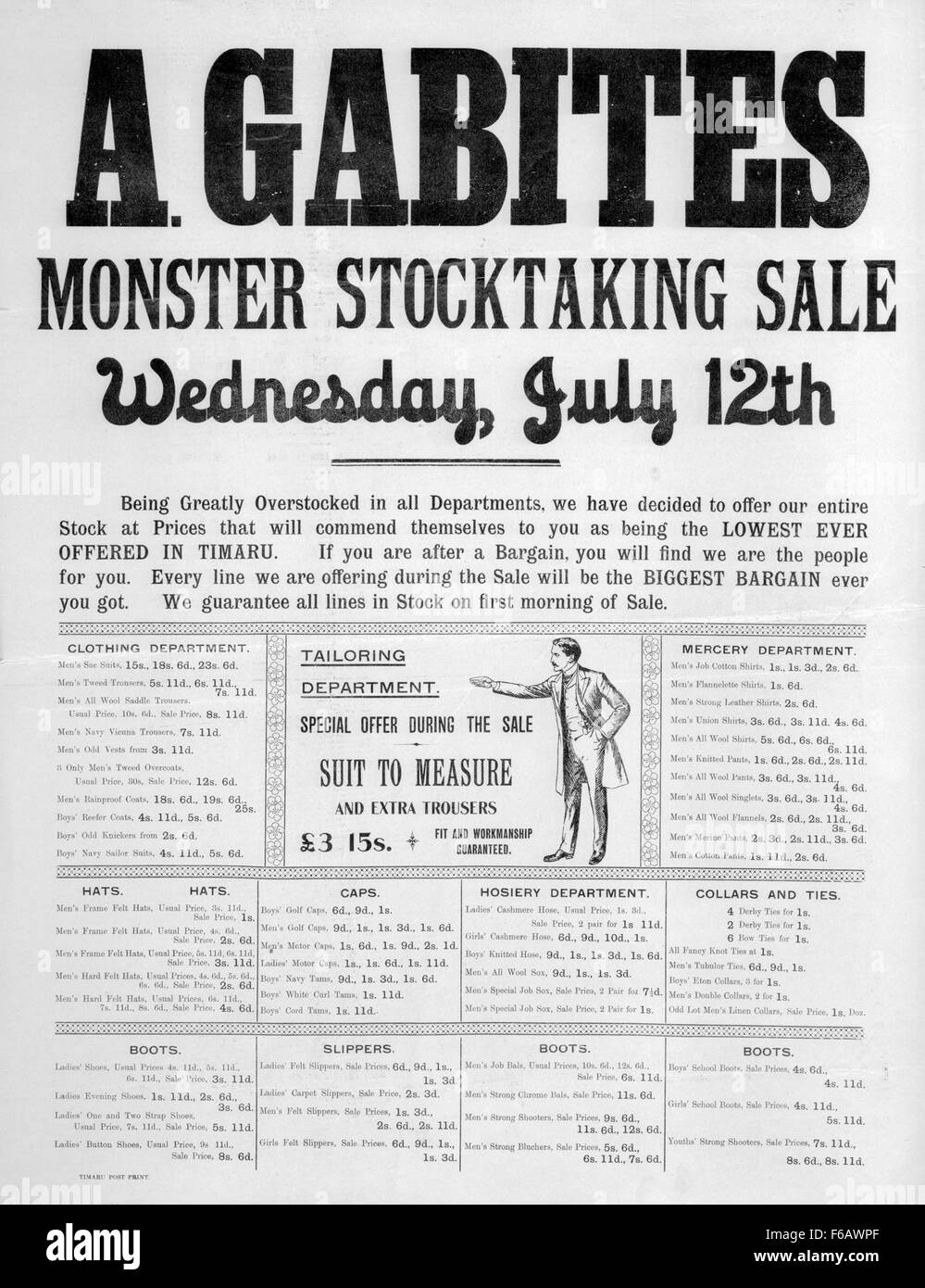 This advertisement highlights a 'Monster Stocktaking Sale' in Timaru ...