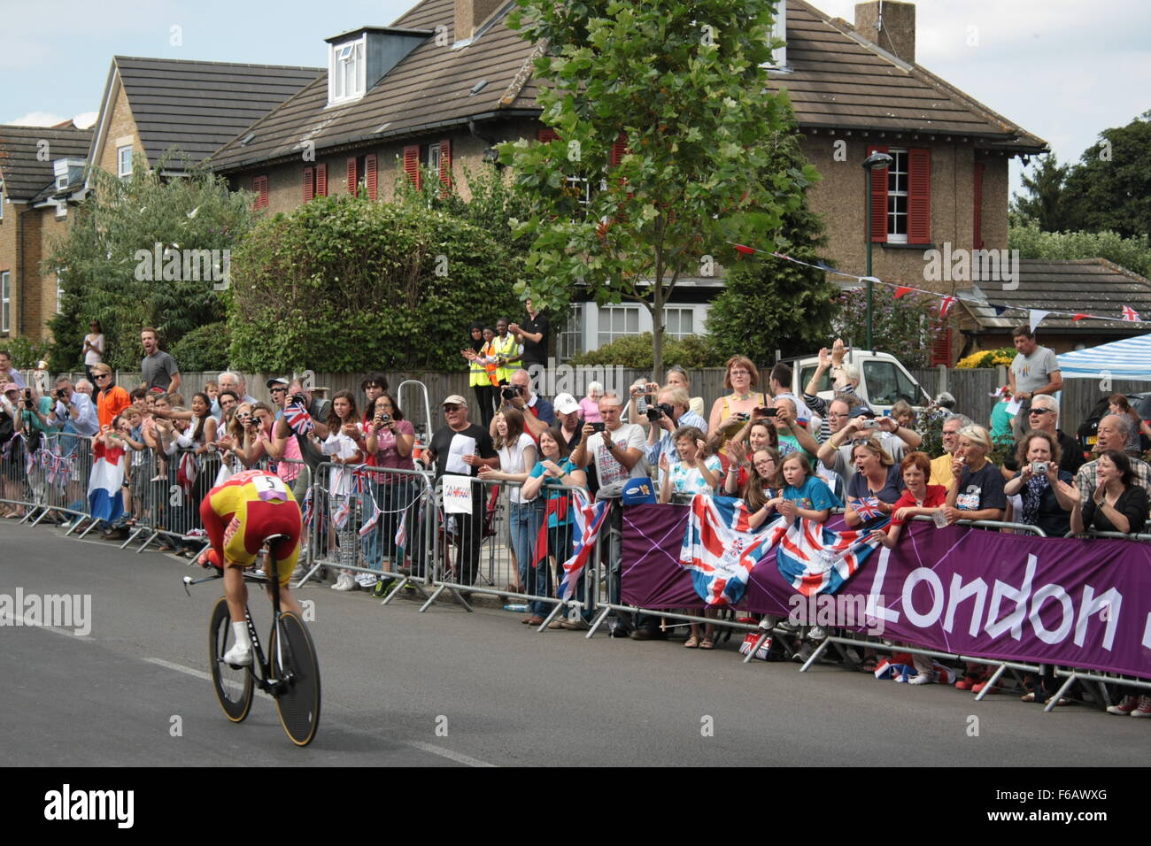 Spanish Cyclist in a road race and crowd at the London Olympics 2012 ...