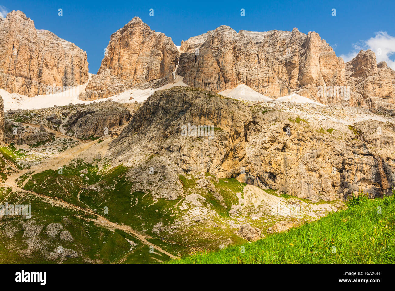 Panorama of Sella mountain range from Sella pass, Dolomites, Italy ...