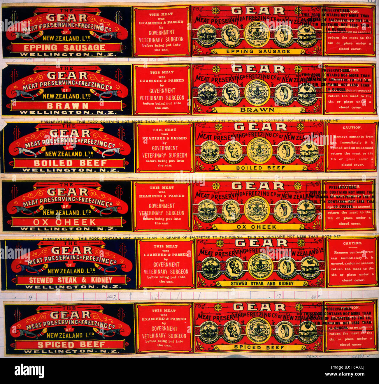 This image features six vintage labels from Gear Meat Company ...