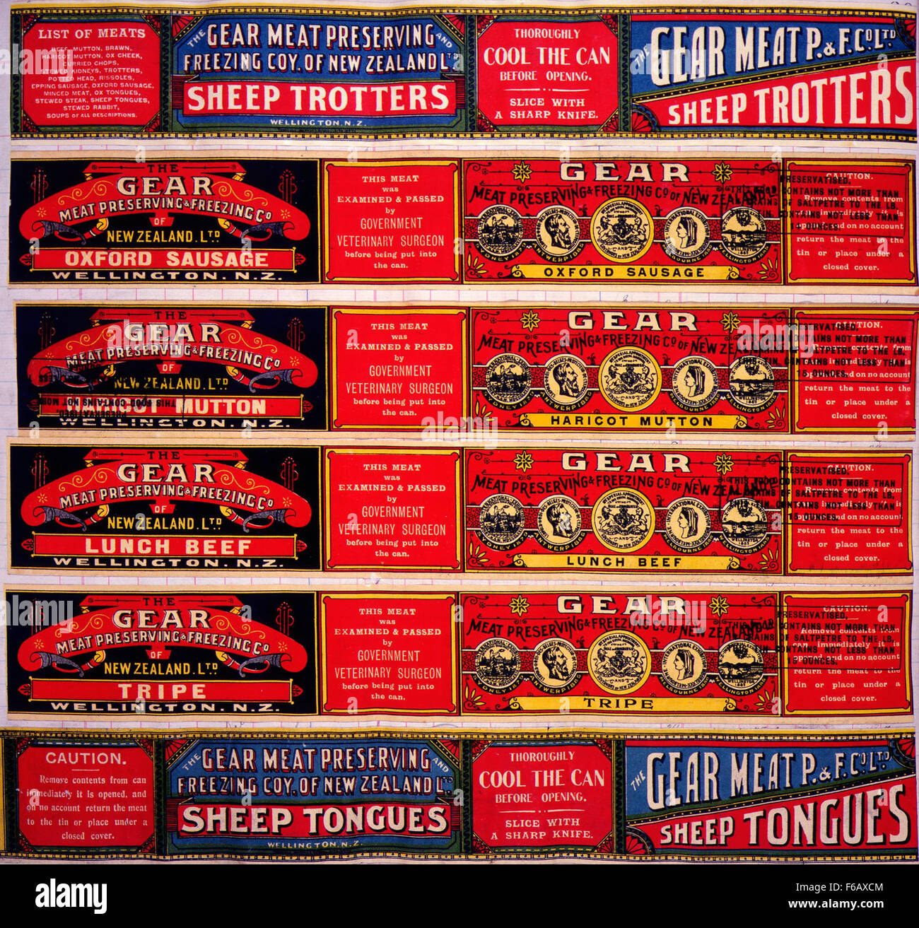 This collection of six labels from the Gear Meat Company features ...