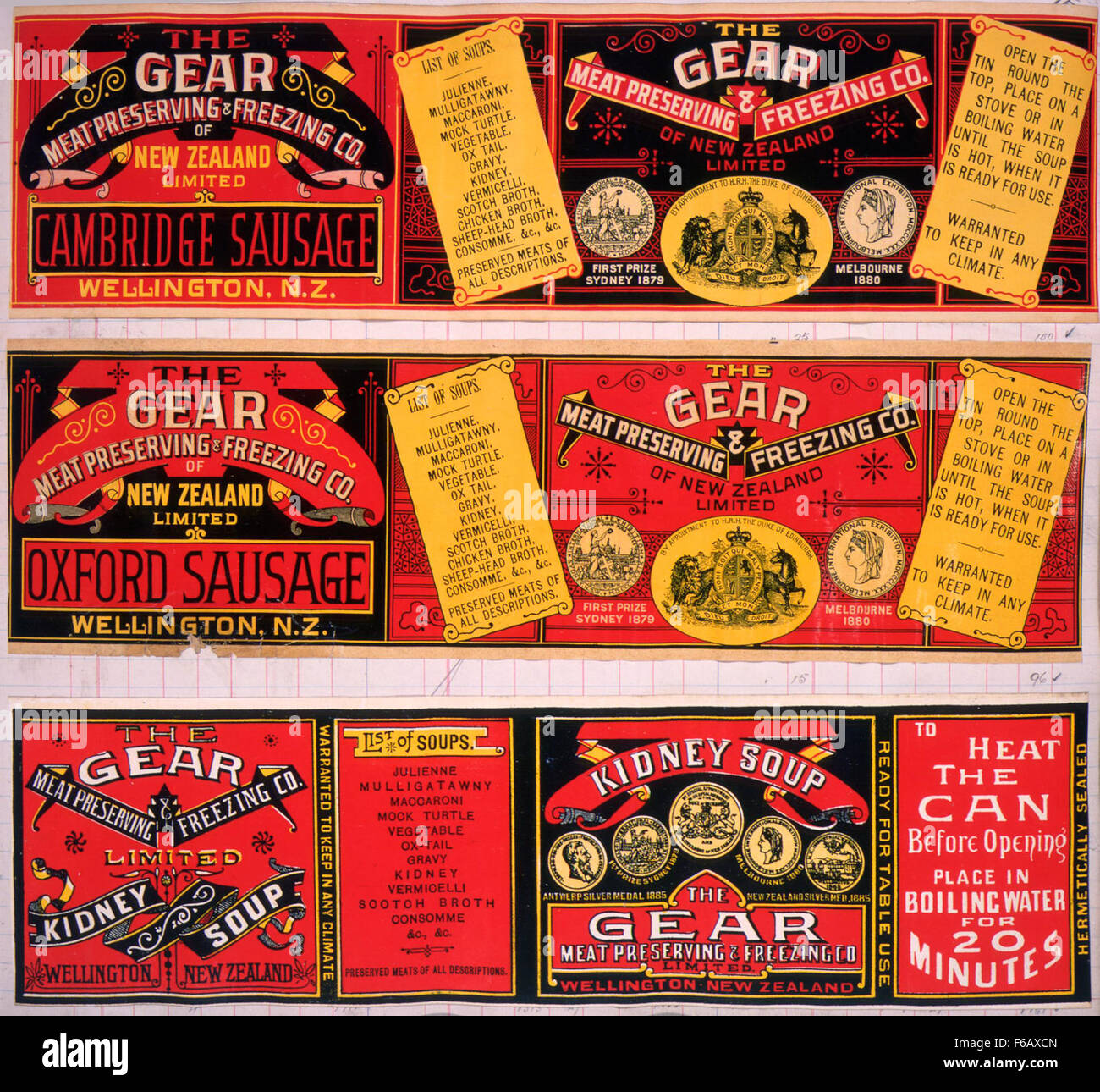 An image featuring three vintage labels from the Gear Meat Company ...