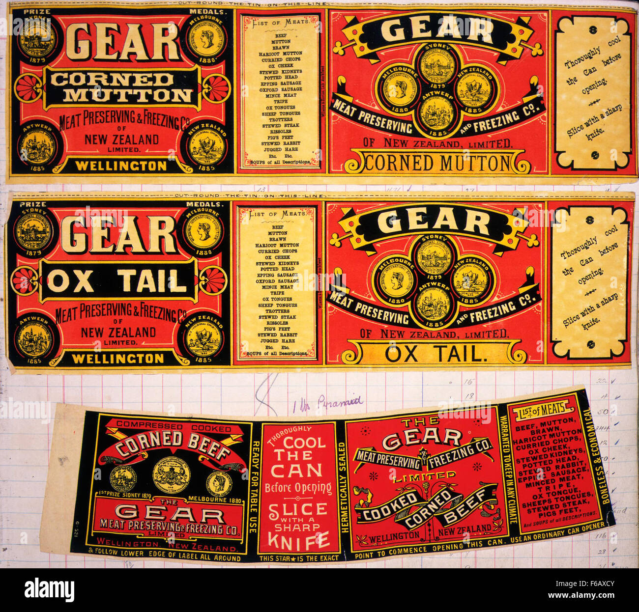 Gear Meat Company [Three labels for Corned mutton; Ox tail Stock Photo ...